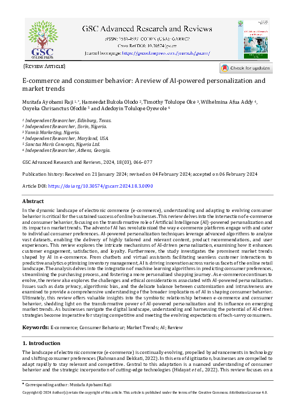 (PDF) E-commerce and consumer behavior: A review of AI-powered personalization and market trends