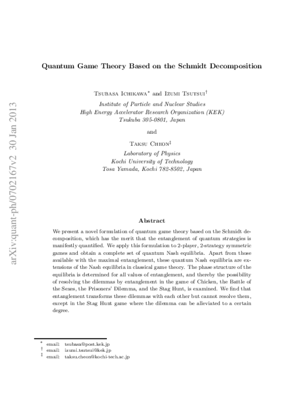 (PDF) Quantum game theory based on the Schmidt decomposition