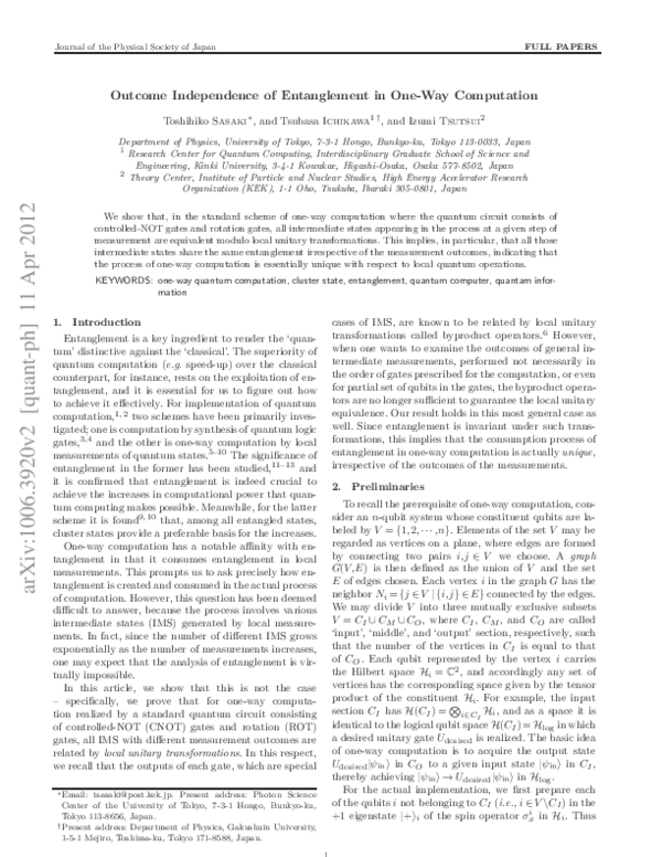 (PDF) Outcome Independence of Entanglement in One-Way Computation
