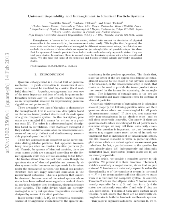 (PDF) Universal separability and entanglement in identical-particle systems