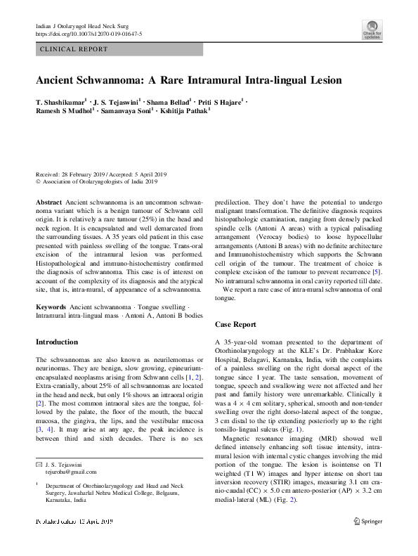 (PDF) Ancient Schwannoma: A Rare Intramural Intra-lingual Lesion
