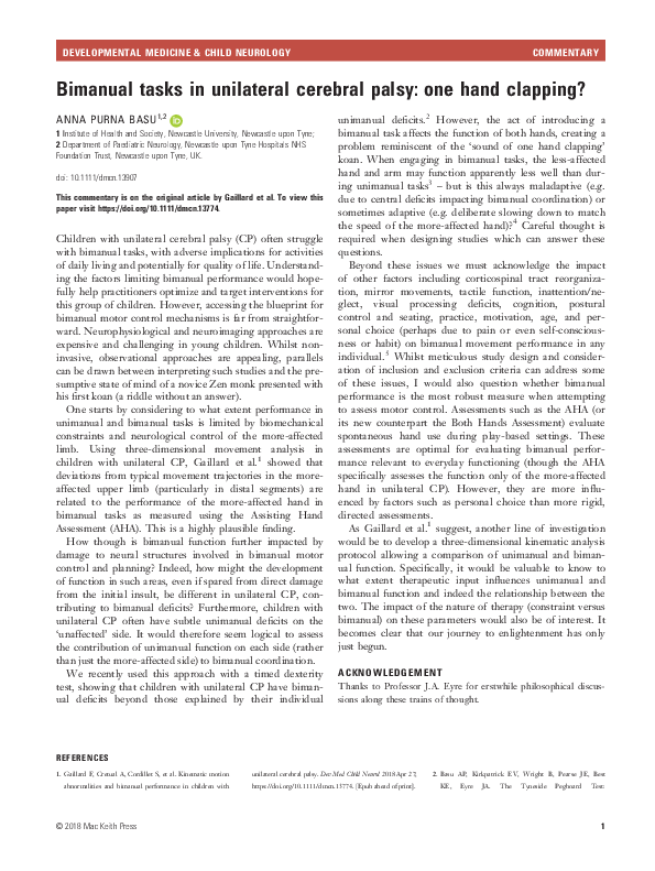 (PDF) Bimanual tasks in unilateral cerebral palsy: one hand clapping?