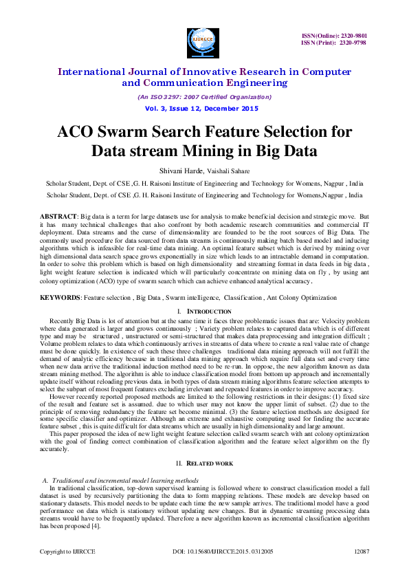 (PDF) ACO Swarm Search Feature Selection for Data stream Mining in Big Data