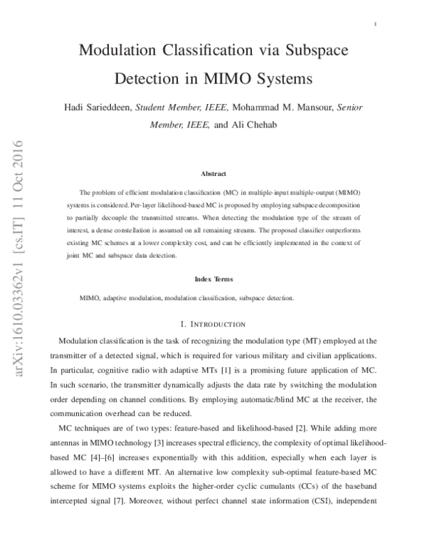 (PDF) Modulation Classification via Subspace Detection in MIMO Systems
