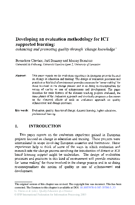 Pdf Developing An Evaluation Methodology For Ict Supported Learning Enhancing And Promoting