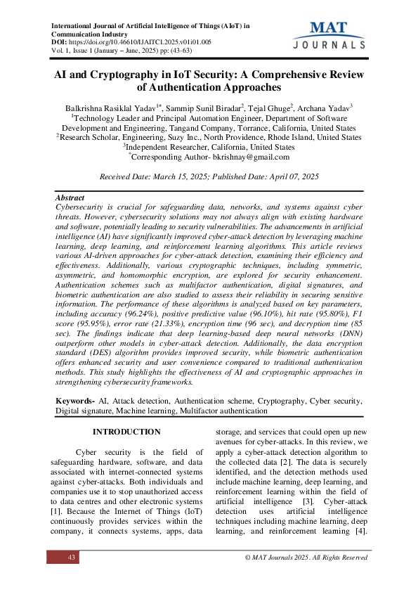 (PDF) AI and Cryptography in IoT Security: A Comprehensive Review of Authentication Approaches