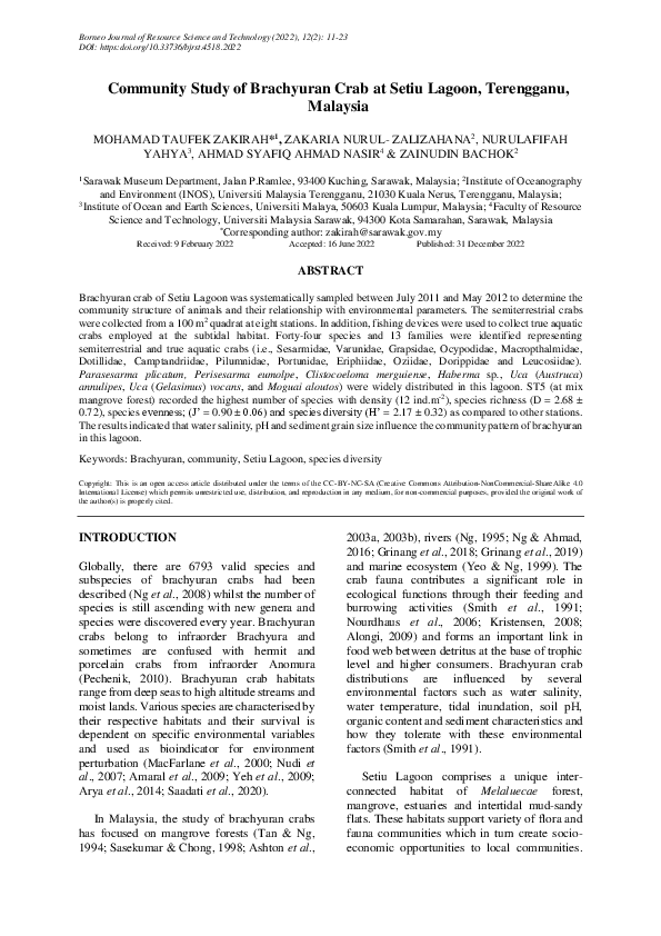 (PDF) Community Study of Brachyuran Crab at Setiu Lagoon, Terengganu ...