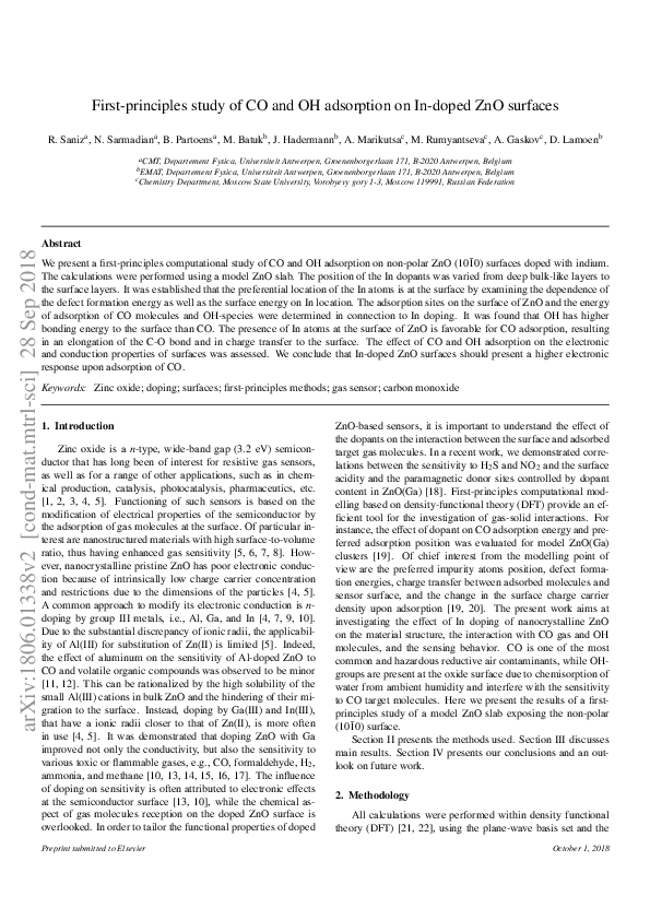 (PDF) First-principles study of CO and OH adsorption on in-doped ZnO ...