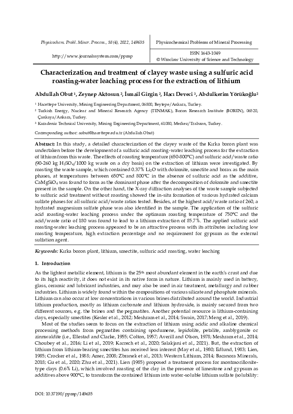 (PDF) Characterization and treatment of clayey waste using a sulfuric ...