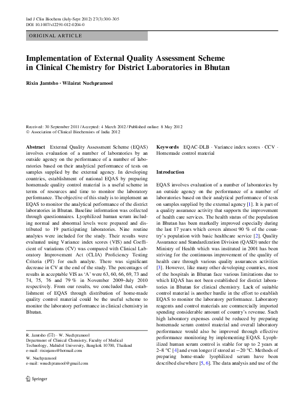 (PDF) Implementation of External Quality Assessment Scheme in Clinical Chemistry for District ...