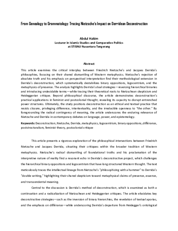 (PDF) From Genealogy to Grammatology: Tracing Nietzsche's Impact on ...