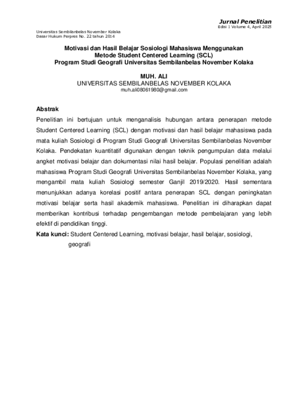 (PDF) Motivasi dan Hasil Belajar Sosiologi Mahasiswa Menggunakan Metode Student Centered ...
