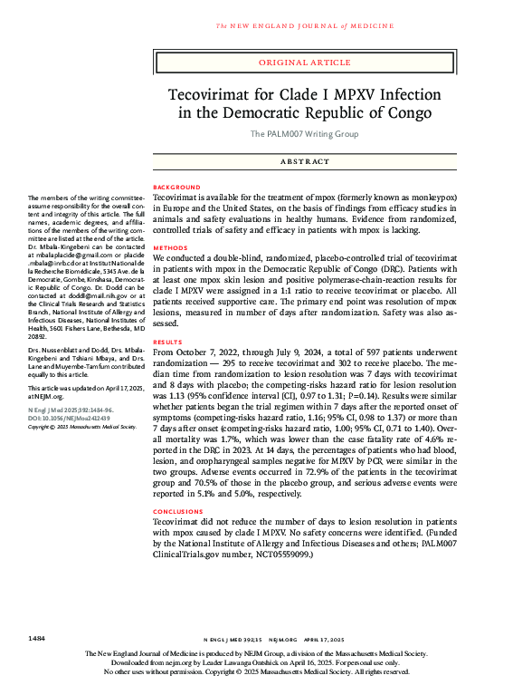 (PDF) Tecovirimat for Clade I MPXV Infection in the Democratic Republic ...