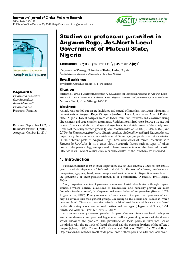 (PDF) Studies on protozoan parasites in Angwan Rogo, Jos-North Local ...