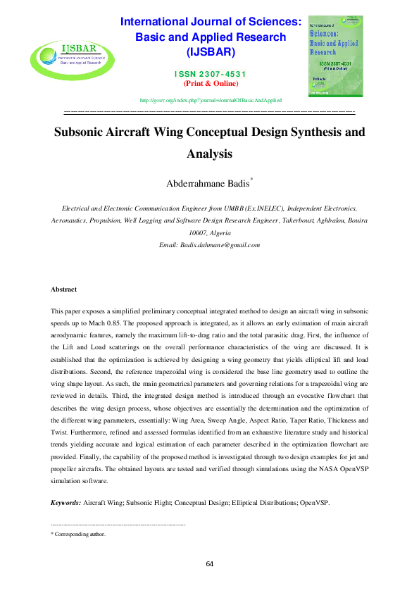 (PDF) Subsonic Aircraft Wing Conceptual Design Synthesis and Analysis