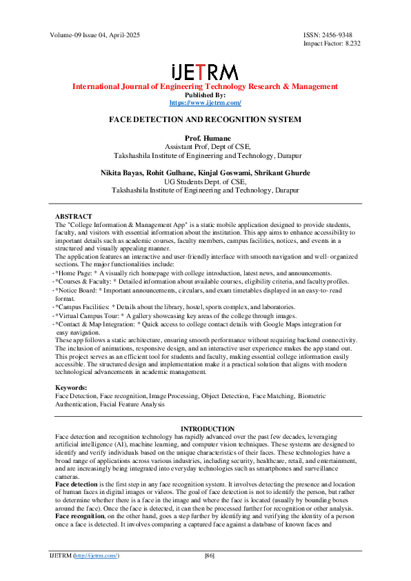 (PDF) FACE DETECTION AND RECOGNITION SYSTEM