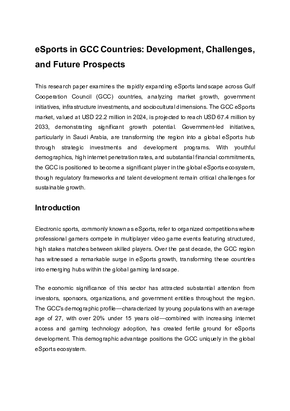 (PDF) eSports in GCC Countries: Development, Challenges, and Future Prospects