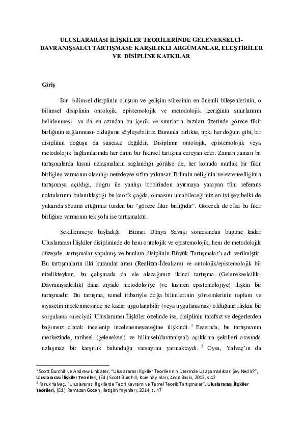 (PDF) ULUSLARARASI İLİŞKİLER TEORİLERİNDE GELENEKSELCİ-DAVRANIŞSALCI TARTIŞMASI: KARŞILIKLI ...