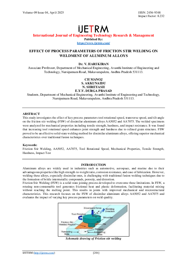 (PDF) EFFECT OF PROCESS PARAMETERS OF FRICTION STIR WELDING ON WELDMENT ...