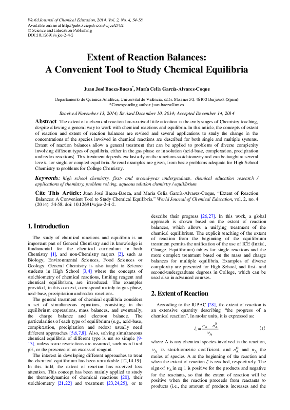 (PDF) Changes of Extent of Reaction in Open Chemical Equilibria