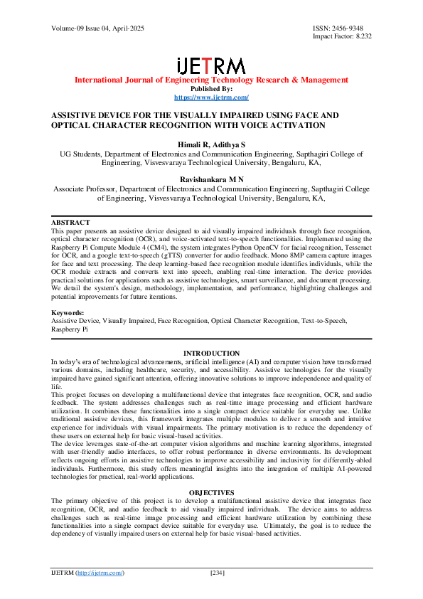 (PDF) ASSISTIVE DEVICE FOR THE VISUALLY IMPAIRED USING FACE AND OPTICAL ...