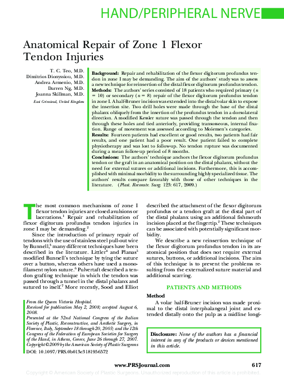 (PDF) Anatomical Repair of Zone 1 Flexor Tendon Injuries