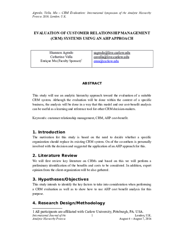 (PDF) Evaluation of Customer Relationship Management (CRM) Systems ...