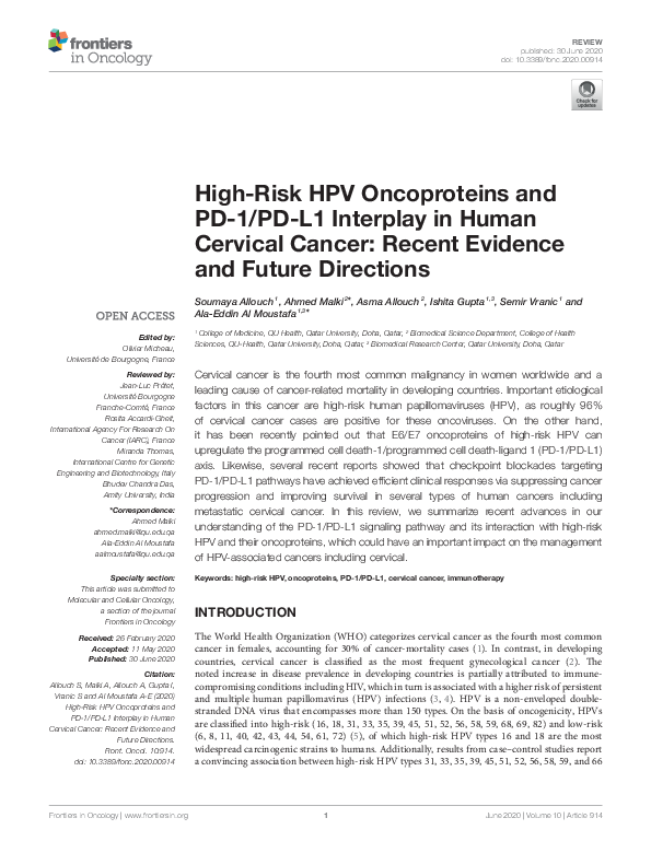 (PDF) High-Risk HPV Oncoproteins and PD-1/PD-L1 Interplay in Human ...