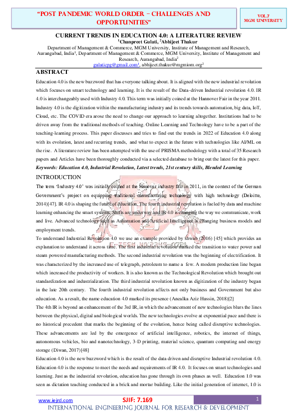 (PDF) CURRENT TRENDS IN EDUCATION 4.0: A LITERATURE REVIEW 1