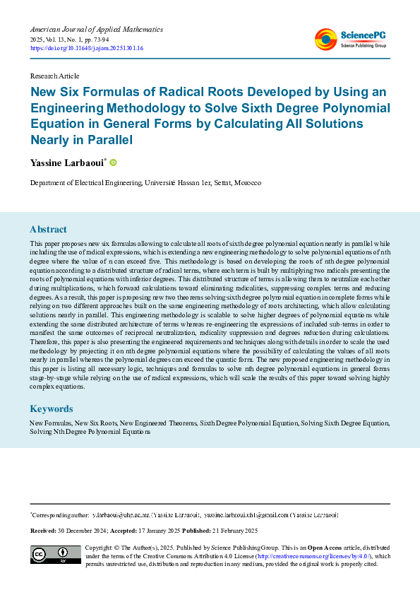 (PDF) New Six Formulas of Radical Roots Developed by Using an Engineering Methodology to Solve ...