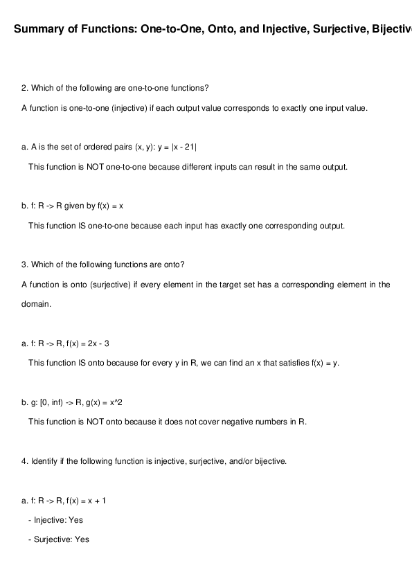 (PDF) Summary of Functions: One-to-One, Onto, and Injective, Surjective ...