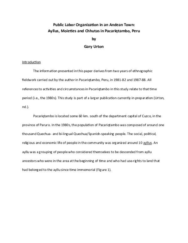 (PDF) Public Labor Organiza0on in an Andean Town: Ayllus, Moie0es and ...