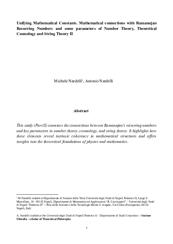 (PDF) Unifying Mathematical Constants. Mathematical connections with Ramanujan Recurring Numbers ...
