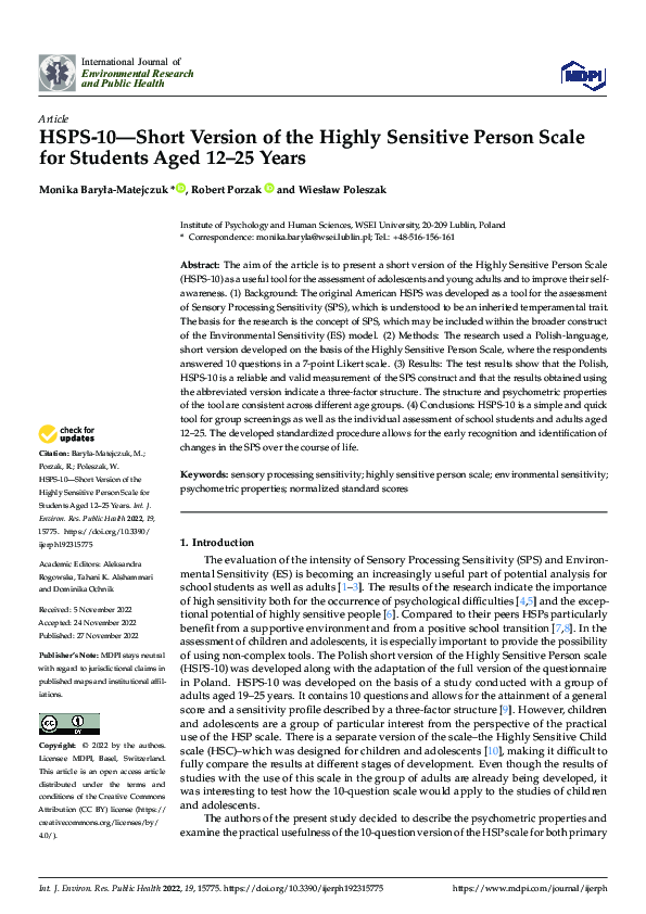 (PDF) HSPS-10—Short Version of the Highly Sensitive Person Scale for ...