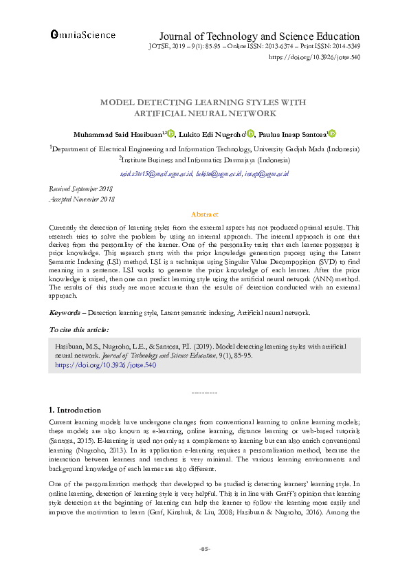 (PDF) Model detecting learning styles with artificial neural network