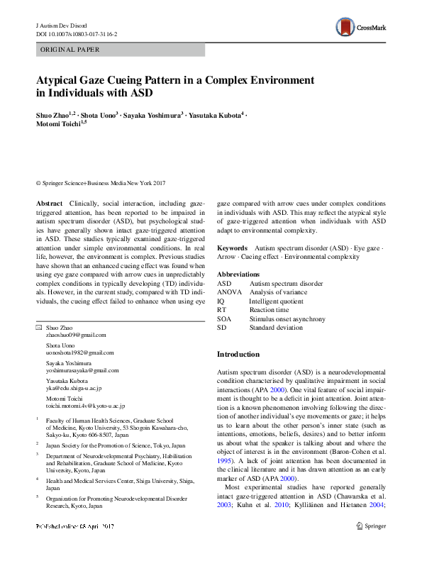 (PDF) Atypical Gaze Cueing Pattern in a Complex Environment in ...