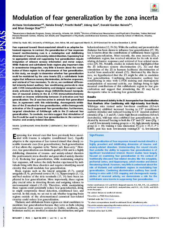 (PDF) Modulation of fear generalization by the zona incerta