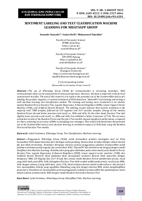 (PDF) Sentiment Labeling and Text Classification Machine Learning for Whatsapp Group