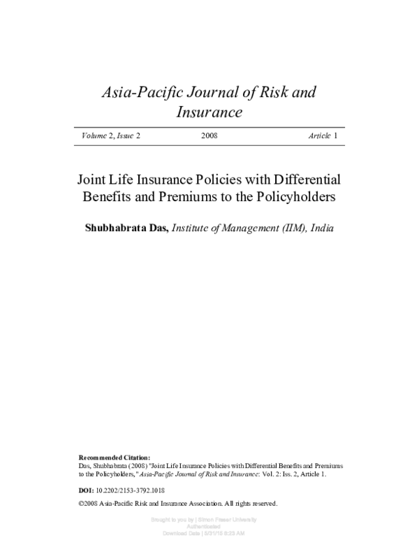 (PDF) Joint Life Insurance Policies with Differential Benefits and ...