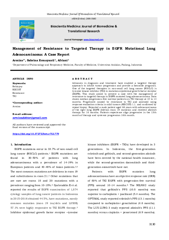 (PDF) Management of Resistance to Targeted Therapy in EGFR Mutational Lung Adenocarcinoma: A ...
