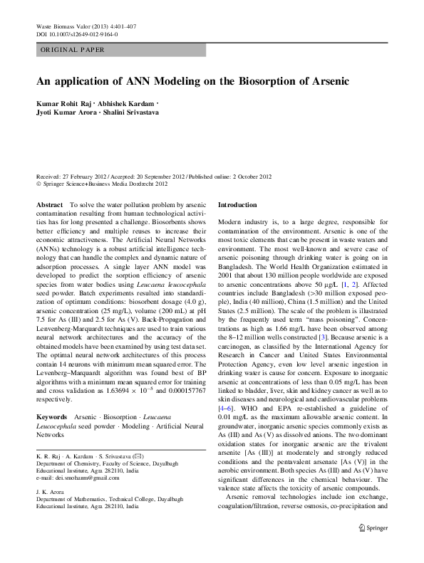 (PDF) An application of ANN Modeling on the Biosorption of Arsenic