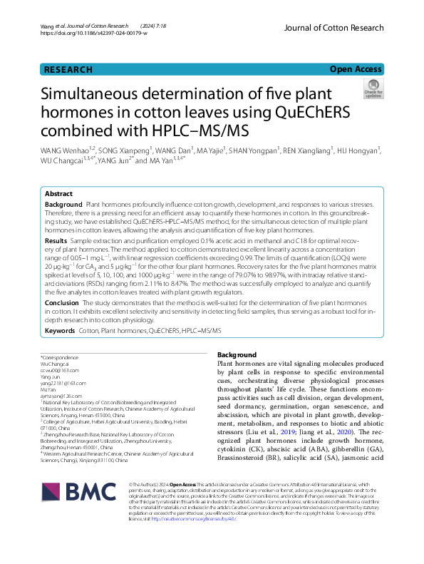 (PDF) Simultaneous determination of five plant hormones in cotton leaves using QuEChERS combined ...