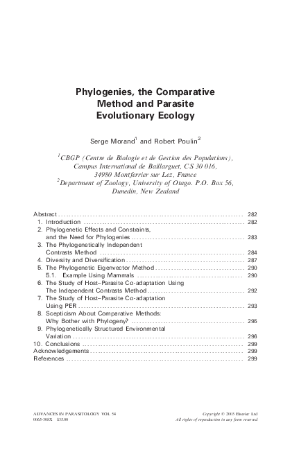 (PDF) Phylogenies, the Comparative Method and Parasite Evolutionary Ecology