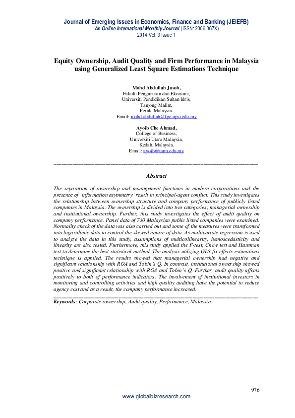 (PDF) Equity Ownership, Audit Quality and Firm Performance in Malaysia using Generalized Least ...