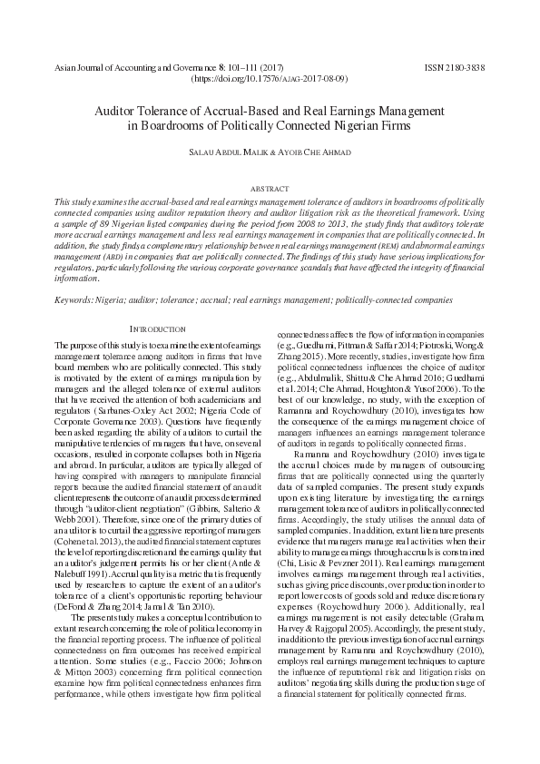 (PDF) Auditor Tolerance of Accrual-Based and Real Earnings Management in Boardrooms of ...