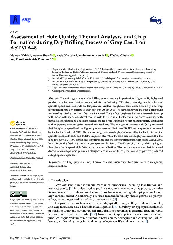 (PDF) Assessment of Hole Quality, Thermal Analysis, and Chip Formation during Dry Drilling ...