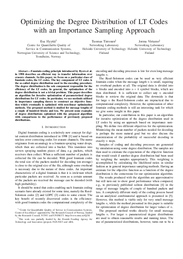 (PDF) Optimizing the degree distribution of LT codes with an importance sampling approach