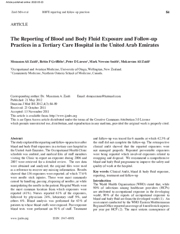 (PDF) The reporting of blood and body fluid exposure and follow-up ...