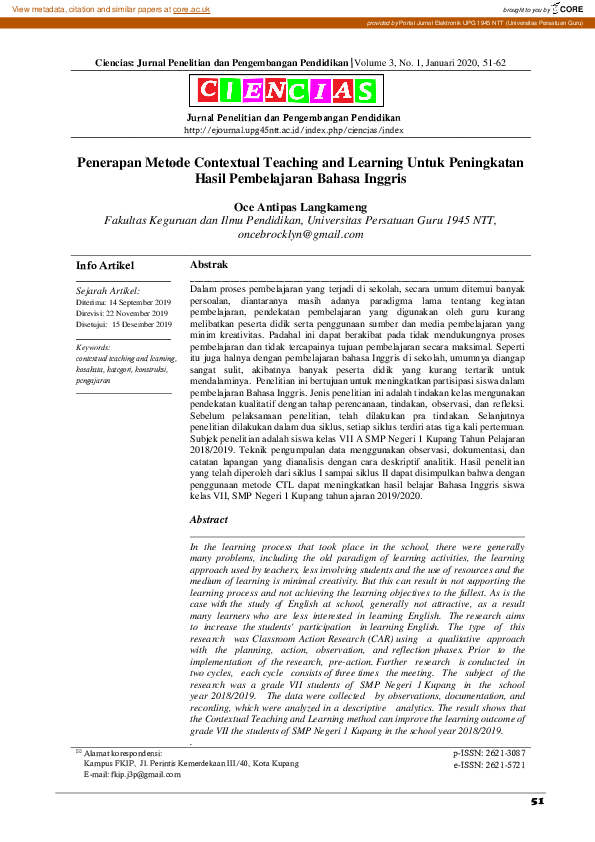 (PDF) Penerapan Metode Contextual Teaching and Learning Untuk Peningkatan Hasil Pembelajaran ...