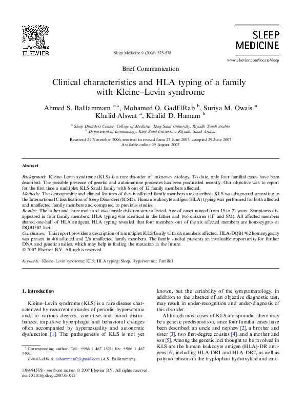 (PDF) Clinical characteristics and HLA typing of a family with Kleine ...